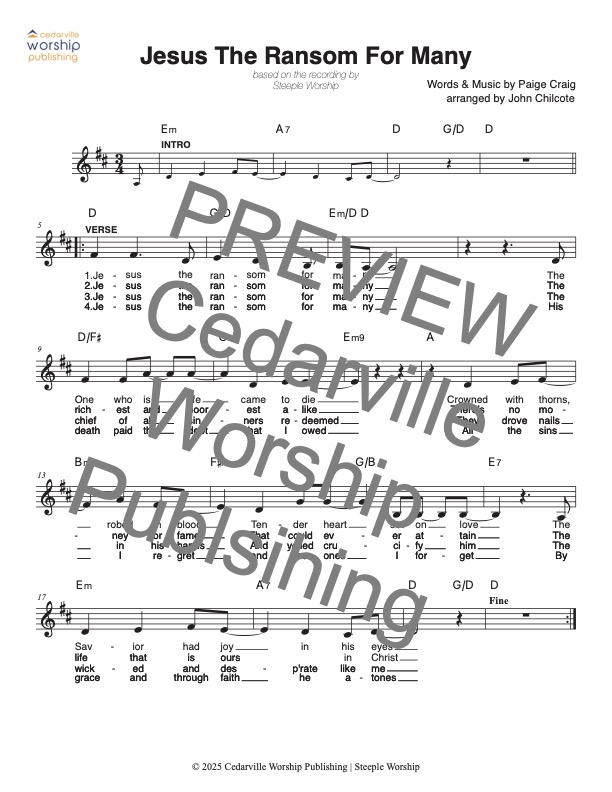 Jesus the Ransom for Many by Paige Craig (Lead Sheet in D) - Cedarville ...